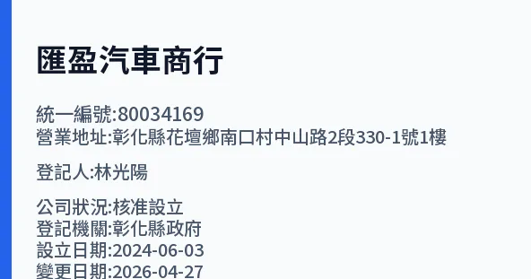 匯盈汽車商行的照片-統編 80034169(彰化縣) 公司登記資料與營業項目詳細圖表