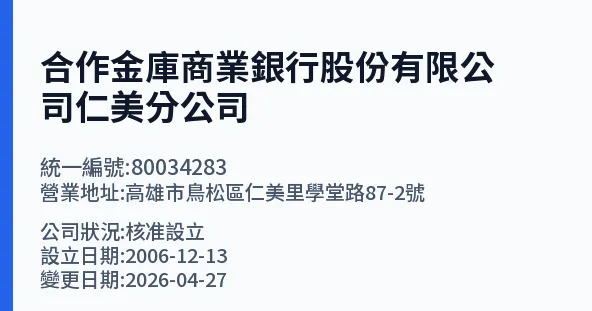 合作金庫商業銀行股份有限公司仁美分公司的照片-統編 80034283(高雄市) 公司登記資料與營業項目詳細圖表