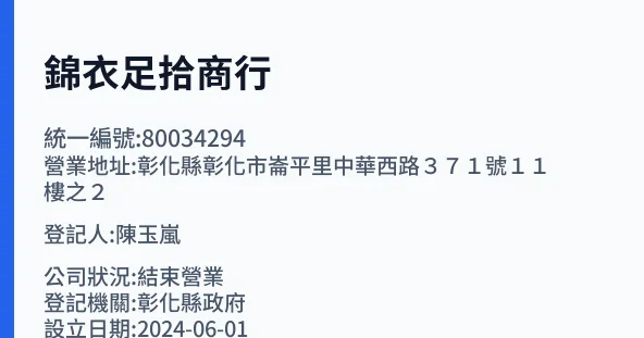錦衣足拾商行的照片-統編 80034294(彰化縣) 公司登記資料與營業項目詳細圖表