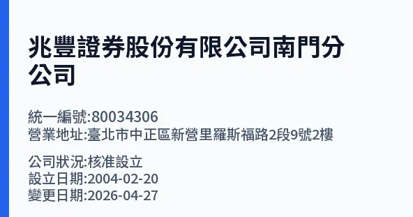 兆豐證券股份有限公司南門分公司的照片-統編 80034306(臺北市) 公司登記資料與營業項目詳細圖表
