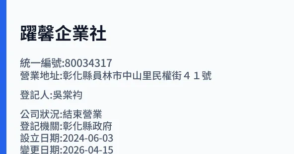 躍馨企業社的照片-統編 80034317(彰化縣) 公司登記資料與營業項目詳細圖表