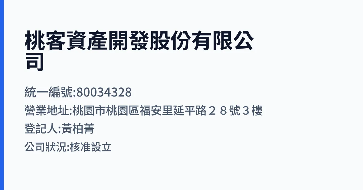桃客資產開發股份有限公司 - 統編 80034328(桃園市) 公司登記資料與營業項目詳細圖表