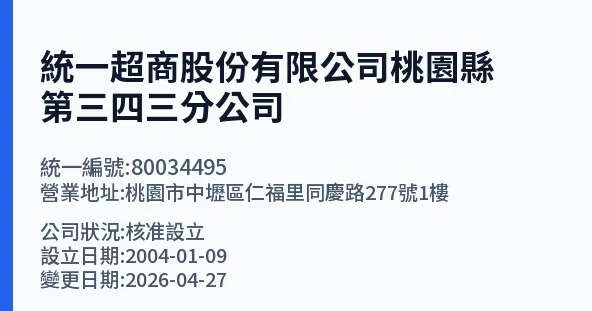 統一超商股份有限公司桃園縣第三四三分公司的照片-統編 80034495(桃園市) 公司登記資料與營業項目詳細圖表