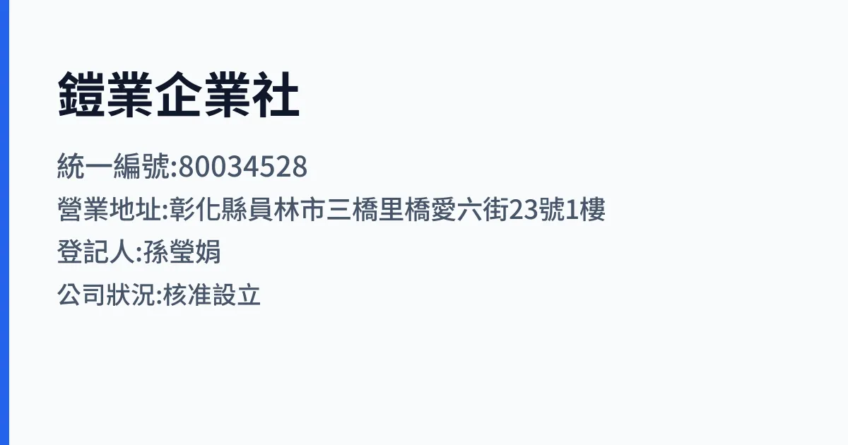 鎧業企業社 - 統編 80034528(彰化縣) 公司登記資料與營業項目詳細圖表