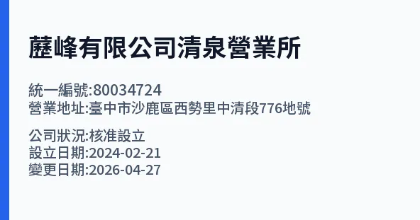 藶峰有限公司清泉營業所的照片-統編 80034724(臺中市) 公司登記資料與營業項目詳細圖表