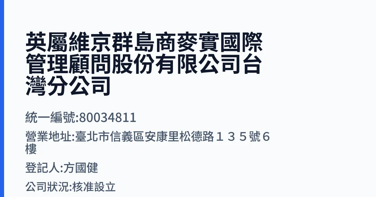 英屬維京群島商麥實國際管理顧問股份有限公司台灣分公司 - 統編 80034811(臺北市) 公司登記資料與營業項目詳細圖表