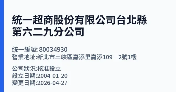 統一超商股份有限公司台北縣第六二九分公司的照片-統編 80034930(新北市) 公司登記資料與營業項目詳細圖表