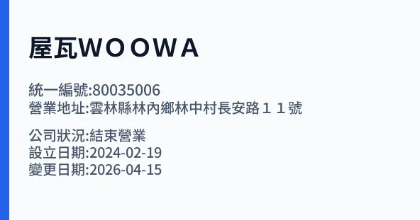 屋瓦ＷＯＯＷＡ的照片-統編 80035006(雲林縣) 公司登記資料與營業項目詳細圖表
