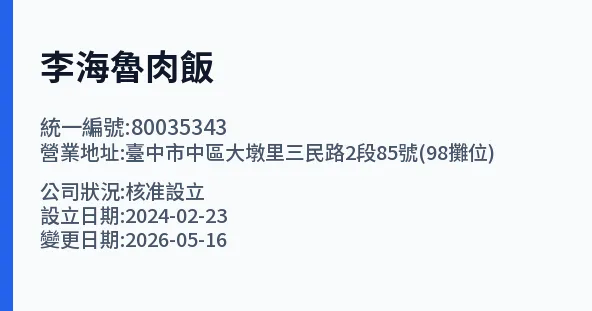李海魯肉飯的照片-統編 80035343(臺中市) 公司登記資料與營業項目詳細圖表
