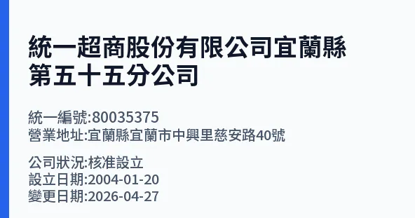 統一超商股份有限公司宜蘭縣第五十五分公司的照片-統編 80035375(宜蘭縣) 公司登記資料與營業項目詳細圖表