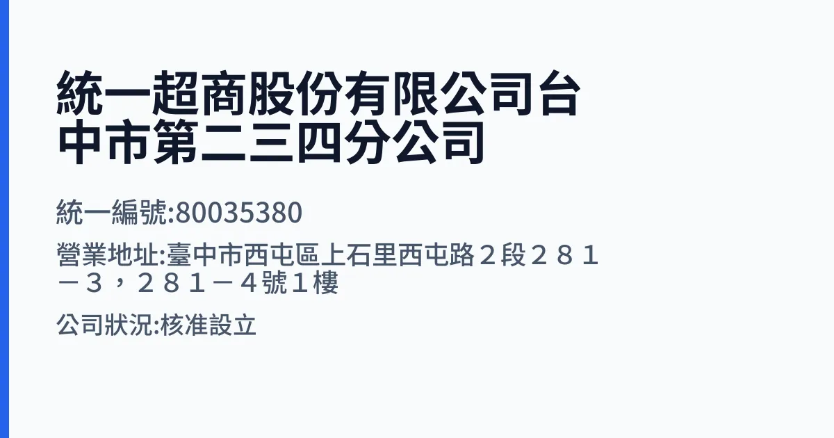 統一超商股份有限公司台中市第二三四分公司 - 統編 80035380(臺中市) 公司登記資料與營業項目詳細圖表