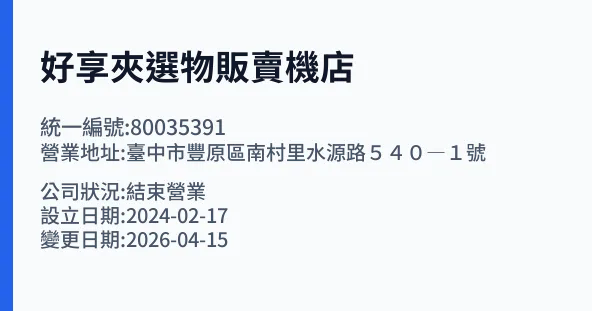 好享夾選物販賣機店的照片-統編 80035391(臺中市) 公司登記資料與營業項目詳細圖表