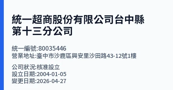 統一超商股份有限公司台中縣第十三分公司的照片-統編 80035446(臺中市) 公司登記資料與營業項目詳細圖表