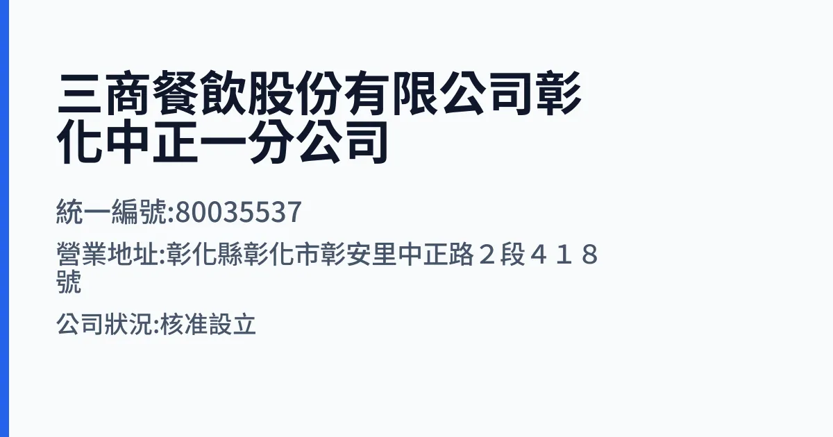 三商餐飲股份有限公司彰化中正一分公司 - 統編 80035537(彰化縣) 公司登記資料與營業項目詳細圖表