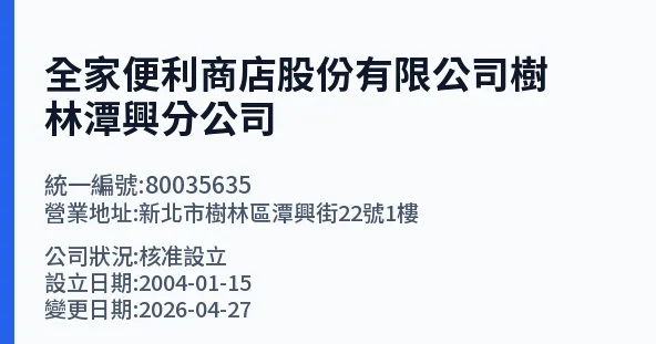 全家便利商店股份有限公司樹林潭興分公司的照片-統編 80035635(新北市) 公司登記資料與營業項目詳細圖表
