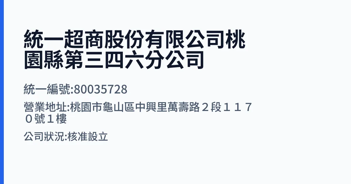 統一超商股份有限公司桃園縣第三四六分公司 - 統編 80035728(桃園市) 公司登記資料與營業項目詳細圖表
