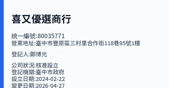 喜又優選商行的照片-統編 80035771(臺中市) 公司登記資料與營業項目詳細圖表