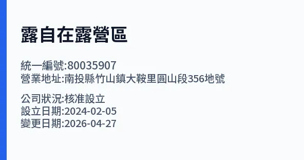 露自在露營區的照片-統編 80035907(南投縣) 公司登記資料與營業項目詳細圖表