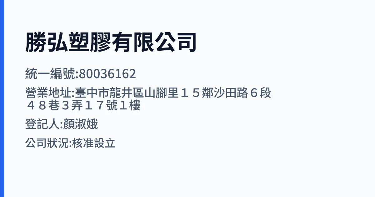勝弘塑膠有限公司 - 統編 80036162(臺中市) 公司登記資料與營業項目詳細圖表