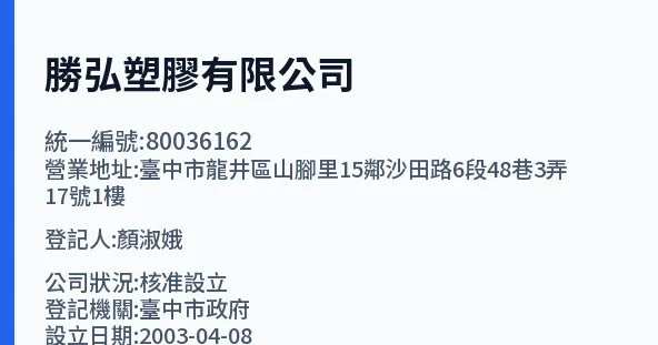勝弘塑膠有限公司的照片-統編 80036162(臺中市) 公司登記資料與營業項目詳細圖表
