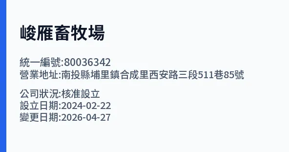 峻雁畜牧場的照片-統編 80036342(南投縣) 公司登記資料與營業項目詳細圖表