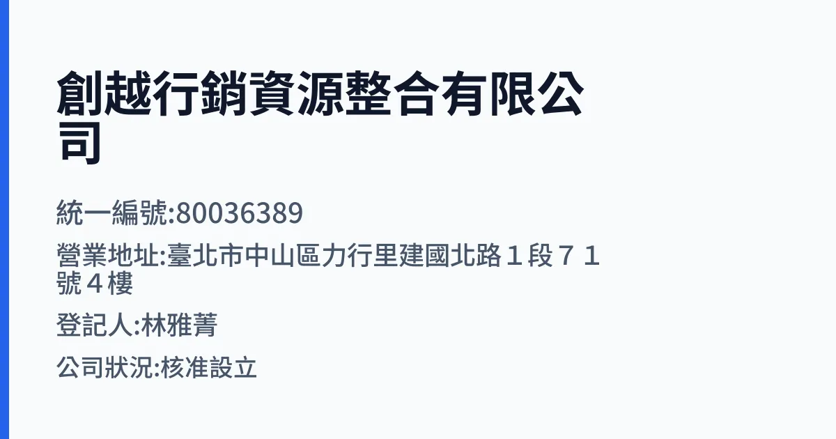 創越行銷資源整合有限公司 - 統編 80036389(臺北市) 公司登記資料與營業項目詳細圖表