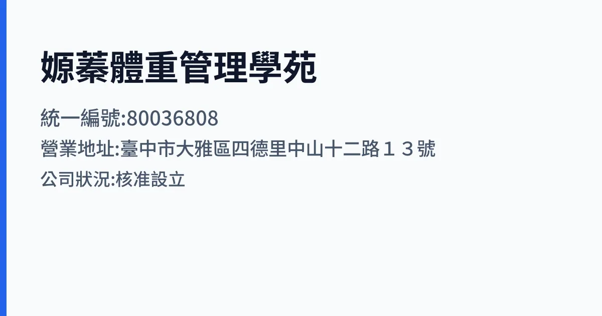 嫄蓁體重管理學苑 - 統編 80036808(臺中市) 公司登記資料與營業項目詳細圖表