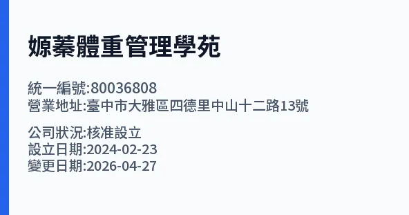 嫄蓁體重管理學苑的照片-統編 80036808(臺中市) 公司登記資料與營業項目詳細圖表