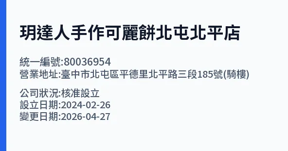 玥達人手作可麗餅北屯北平店的照片-統編 80036954(臺中市) 公司登記資料與營業項目詳細圖表
