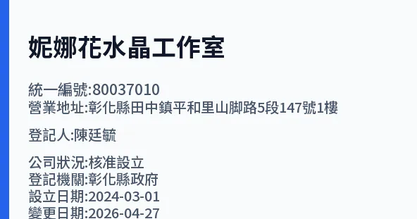 妮娜花水晶工作室的照片-統編 80037010(彰化縣) 公司登記資料與營業項目詳細圖表