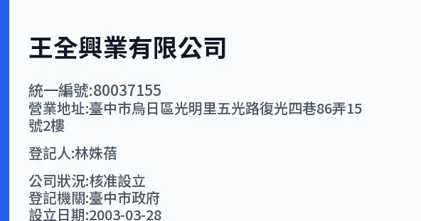 王全興業有限公司的照片-統編 80037155(臺中市) 公司登記資料與營業項目詳細圖表
