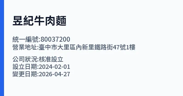 昱紀牛肉麵的照片-統編 80037200(臺中市) 公司登記資料與營業項目詳細圖表