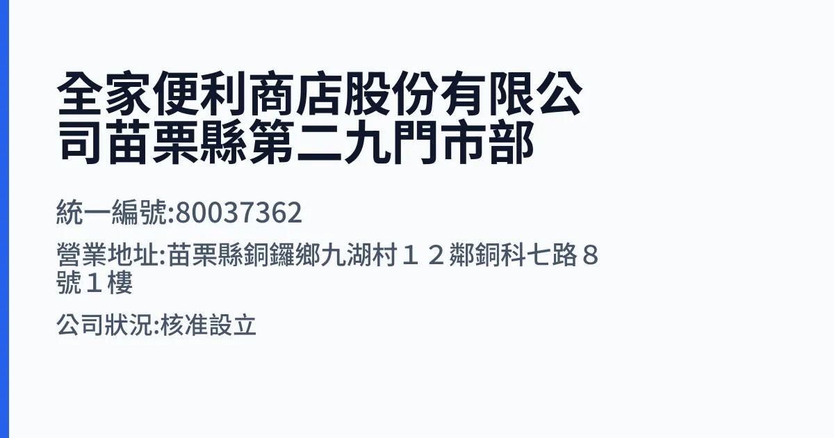 全家便利商店股份有限公司苗栗縣第二九門市部 - 統編 80037362(苗栗縣) 公司登記資料與營業項目詳細圖表