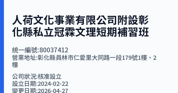人荷文化事業有限公司附設彰化縣私立冠霖文理短期補習班的照片-統編 80037412(彰化縣) 公司登記資料與營業項目詳細圖表