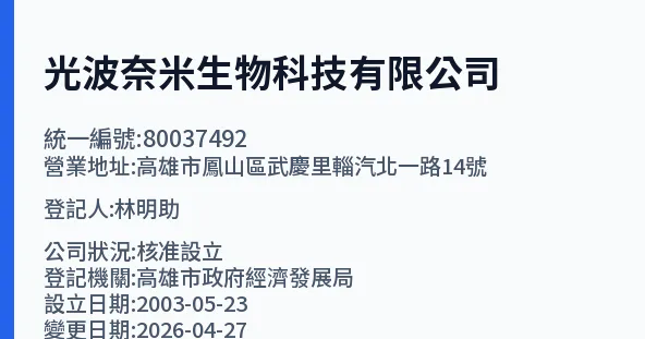 光波奈米生物科技有限公司的照片-統編 80037492(高雄市) 公司登記資料與營業項目詳細圖表