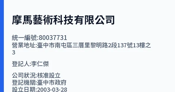 摩馬藝術科技有限公司的照片-統編 80037731(臺中市) 公司登記資料與營業項目詳細圖表