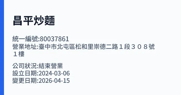昌平炒麵的照片-統編 80037861(臺中市) 公司登記資料與營業項目詳細圖表