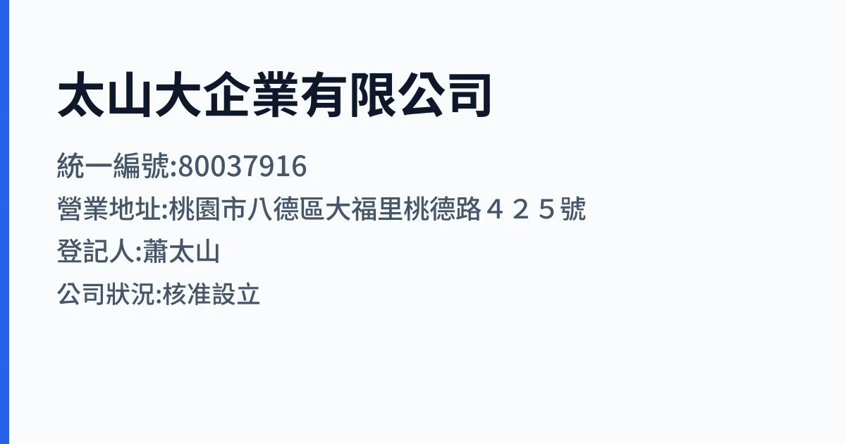 太山大企業有限公司 - 統編 80037916(桃園市) 公司登記資料與營業項目詳細圖表