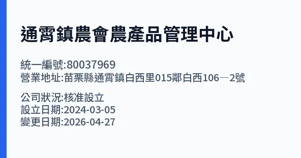 通霄鎮農會農產品管理中心的照片-統編 80037969(苗栗縣) 公司登記資料與營業項目詳細圖表