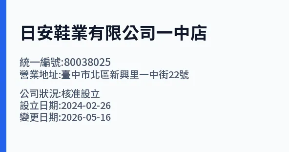 日安鞋業有限公司一中店的照片-統編 80038025(臺中市) 公司登記資料與營業項目詳細圖表
