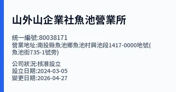 山外山企業社魚池營業所的照片-統編 80038171(南投縣) 公司登記資料與營業項目詳細圖表