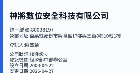 神將數位安全科技有限公司的照片-統編 80038197(苗栗縣) 公司登記資料與營業項目詳細圖表
