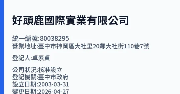 好頭鹿國際實業有限公司的照片-統編 80038295(臺中市) 公司登記資料與營業項目詳細圖表