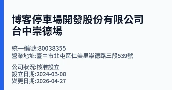 博客停車場開發股份有限公司台中崇德場的照片-統編 80038355(臺中市) 公司登記資料與營業項目詳細圖表