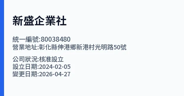 新盛企業社的照片-統編 80038480(彰化縣) 公司登記資料與營業項目詳細圖表