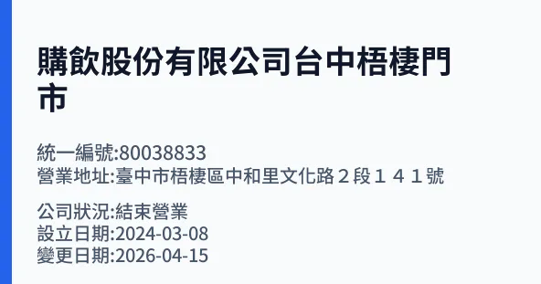 購飲股份有限公司台中梧棲門市的照片-統編 80038833(臺中市) 公司登記資料與營業項目詳細圖表