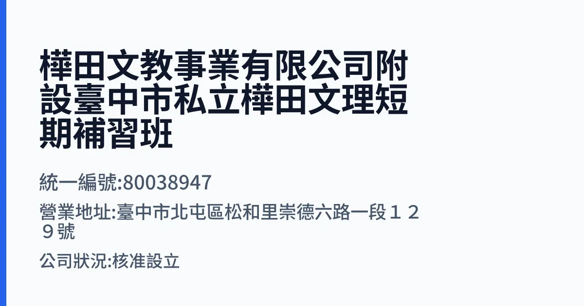 樺田文教事業有限公司附設臺中市私立樺田文理短期補習班 - 統編 80038947(臺中市) 公司登記資料與營業項目詳細圖表