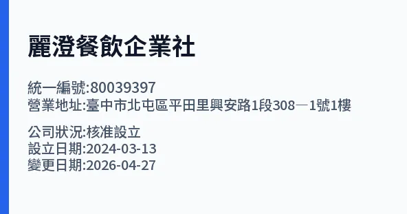 麗澄餐飲企業社的照片-統編 80039397(臺中市) 公司登記資料與營業項目詳細圖表