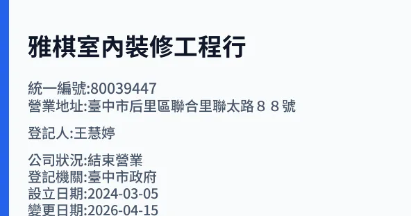 雅棋室內裝修工程行的照片-統編 80039447(臺中市) 公司登記資料與營業項目詳細圖表