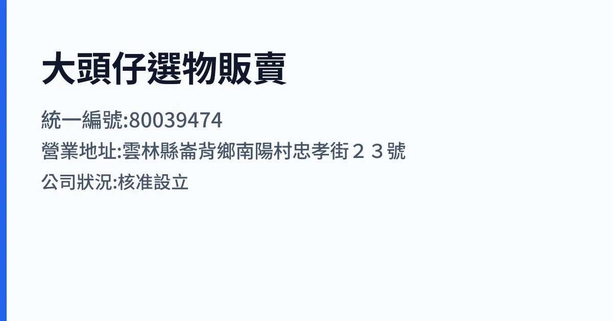 大頭仔選物販賣 - 統編 80039474(雲林縣) 公司登記資料與營業項目詳細圖表